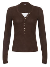 Brown Long Sleeve Knit Top with Lace Pattern and Buttons – Razys.com