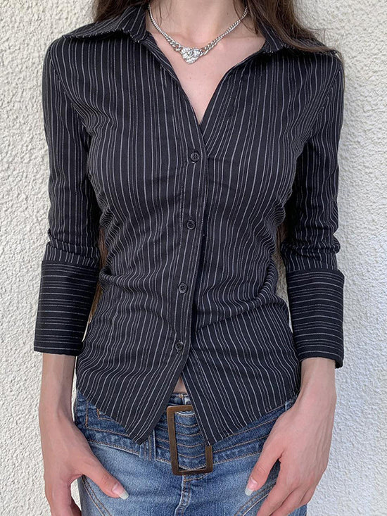 Black Classic Stripe V Neck Slim Fit Long Sleeve Shirt – Razys.com
