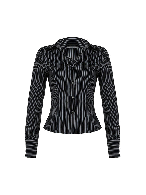 Black Classic Stripe V Neck Slim Fit Long Sleeve Shirt – Razys.com
