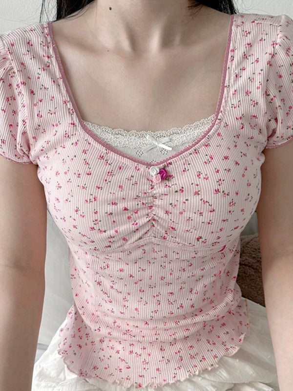 Floral Lace Patchwork Ruffle Short Sleeve Top – Razys.com