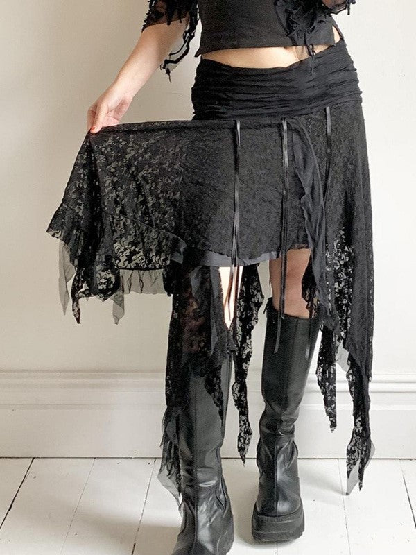Punk Lace Patchwork Irregular Hem Midi Skirt – Razys.com