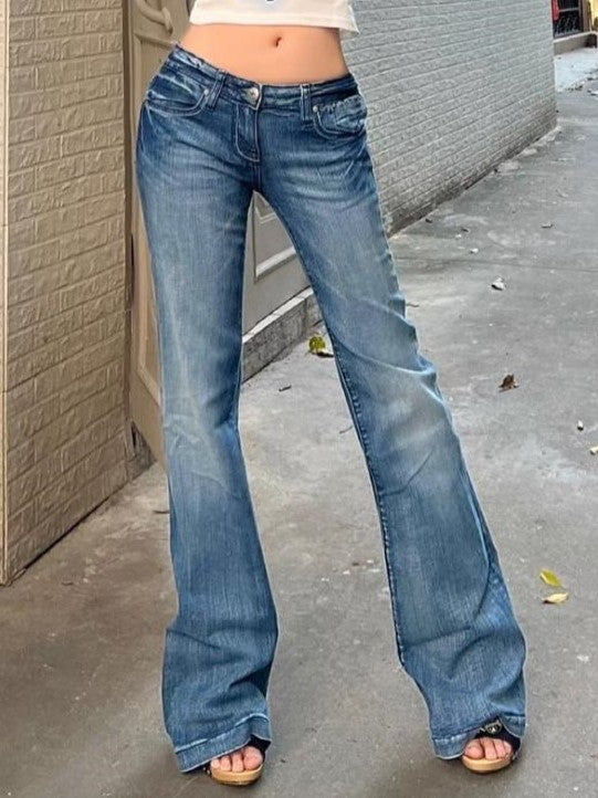 Y2K Blue Washed Effect Low Waist Flare Jeans – Razys.com